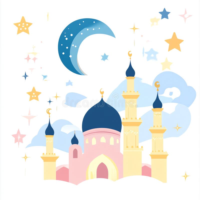 Illustration of Mosque, Crescent Moon, and Stars Stock Illustration ...