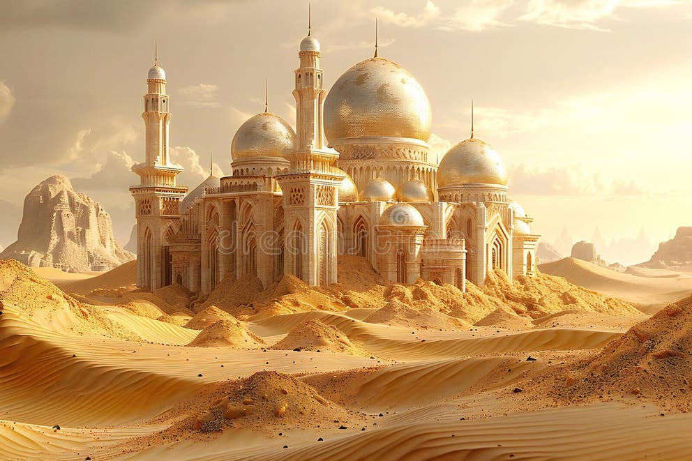 Illustration of Mosque in the Desert with Sand Dunes Stock Illustration ...