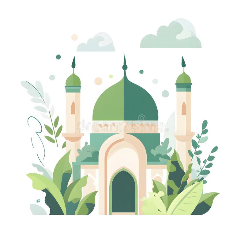 A Stylized Illustration of a Mosque with Green Foliage and Clouds Stock ...
