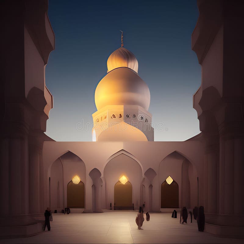 Illustration of Mosque with Group of People Going Inside Stock ...