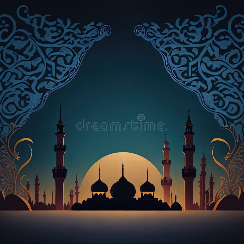 An Illustration of a Mosque with a Gradient Blue Background with Moon ...
