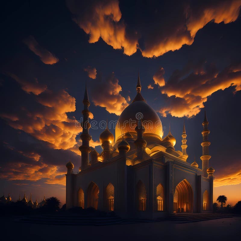 Illustration of a Mosque at Sunset with Clouds in the Sky with AI ...