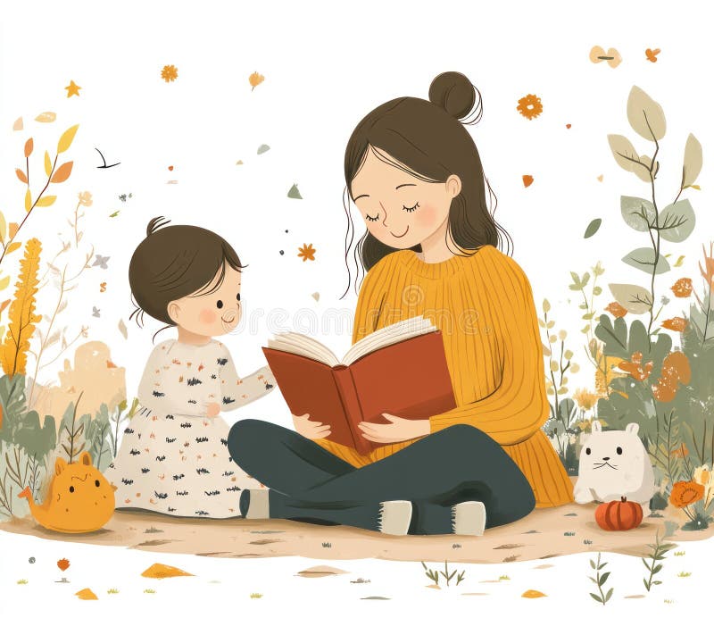 Illustration of Mother and Child Reading in the Fall Stock Illustration ...
