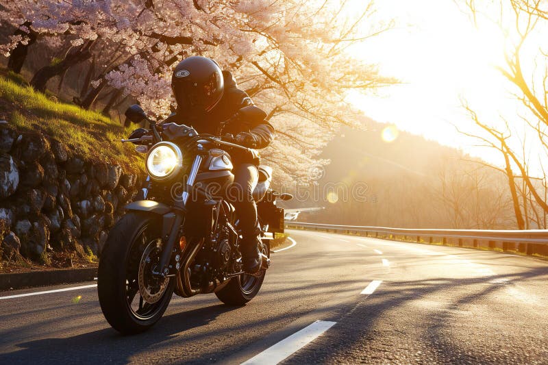 Motorcycle on the Road with Cherry Blossom in Spring Time Stock ...