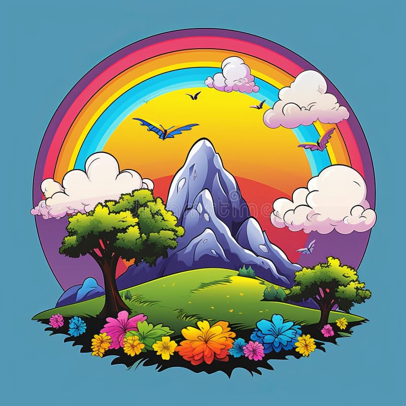An Illustration of a Mountain with Flowers and a Rainbow Stock ...