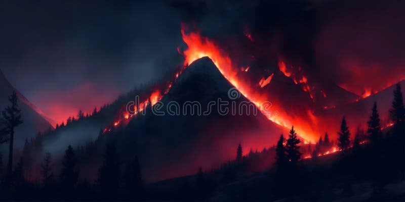 Illustration of a Mountain Forest on Fire, during the Night. Stock ...