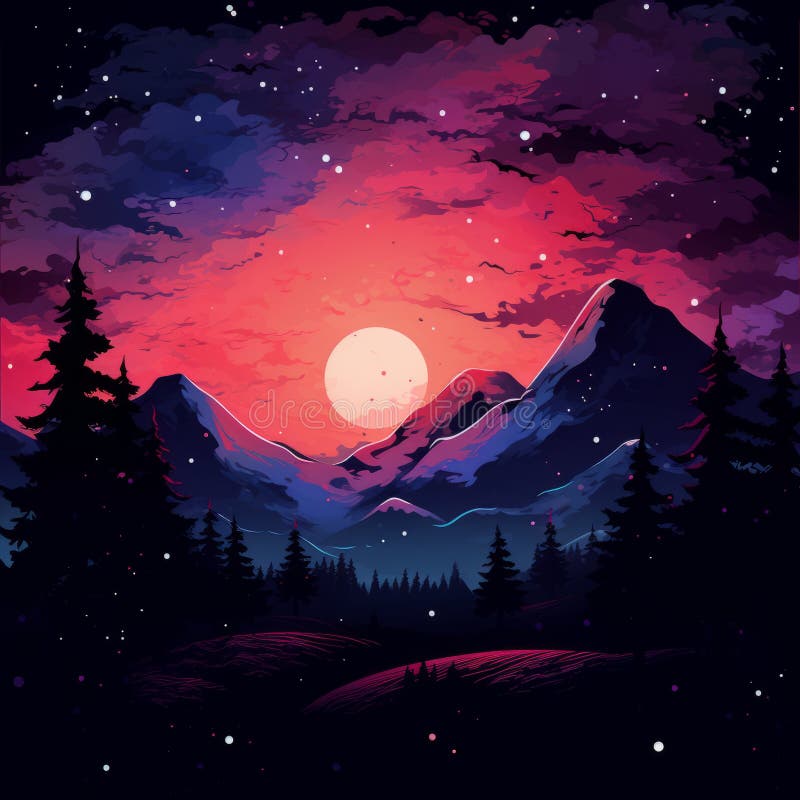 An Illustration of a Mountain Landscape with a Red Sky and Stars Stock ...