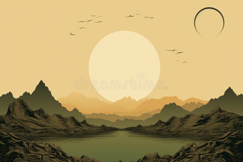 An Illustration of a Mountain Landscape with a Sun Rising Over it Stock ...