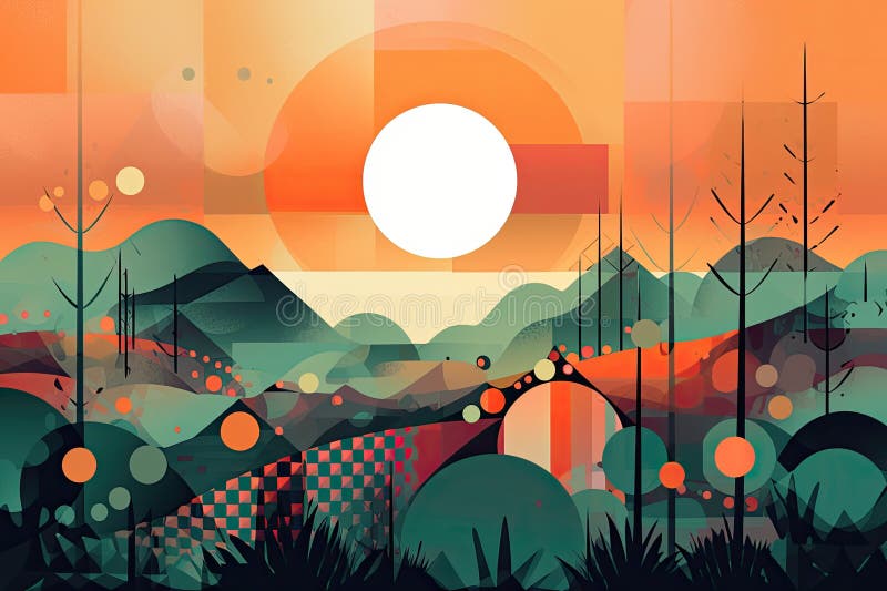 Illustration of a Mountain Landscape with Sunset, Geometric Abstraction ...