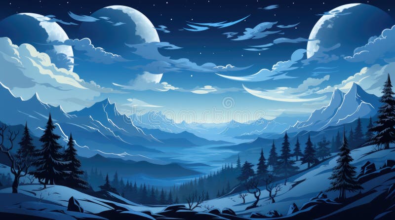 An Illustration of a Mountain Landscape with Two Moons, AI Stock ...