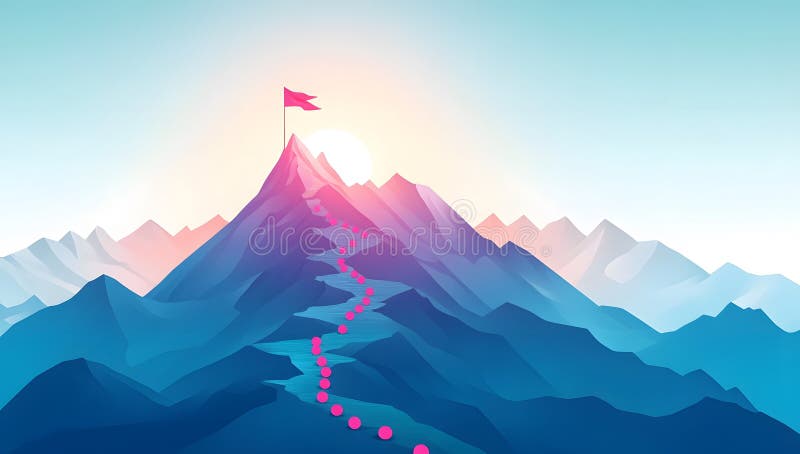Illustration of Mountain Path Leading To Success with Flag Summit Stock ...