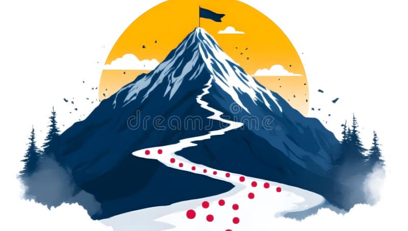 Illustration of Mountain Path Leading To Success with Flag Summit Stock ...