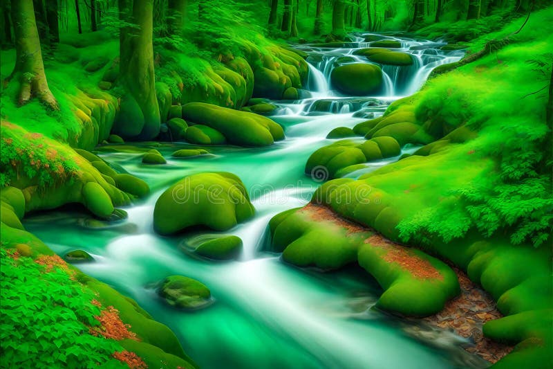 Mountain Stream in the Forest with Green Mossy Stones, Nature ...
