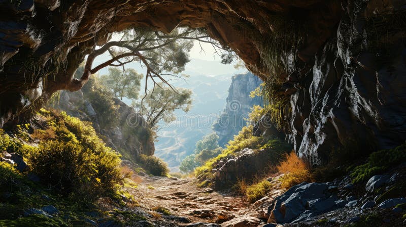 Looking through a Cave Towards a Mountainous View Stock Illustration ...