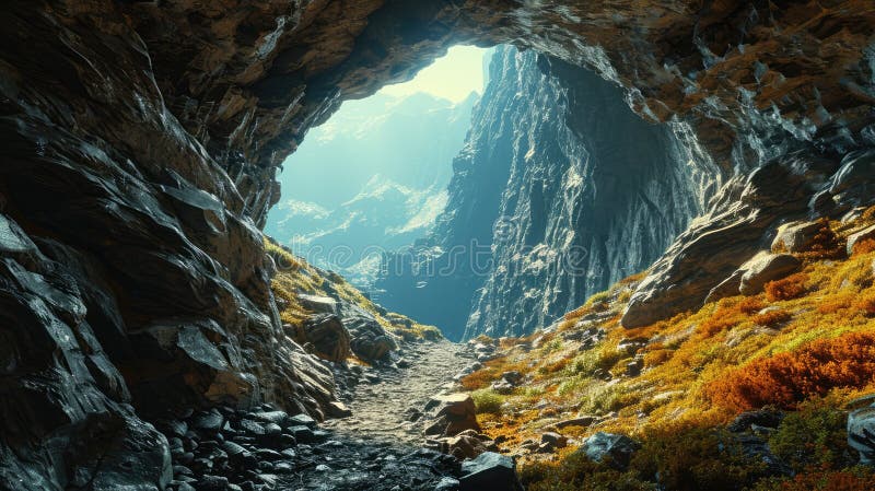 Looking through a Cave Towards a Mountainous View Stock Illustration ...