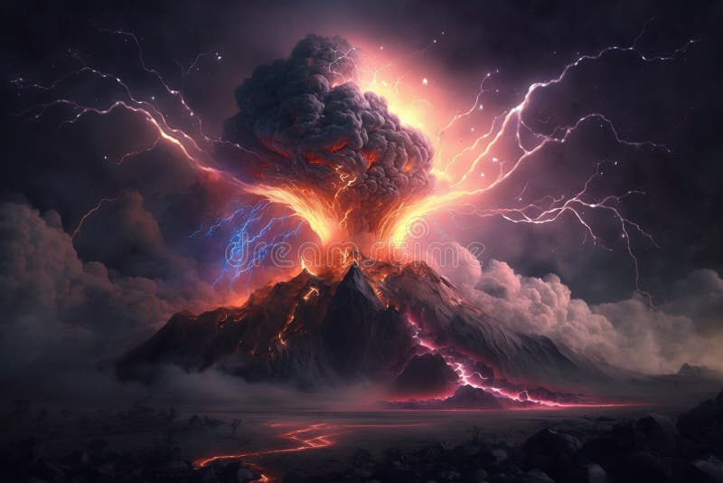 Illustration Mountain with Volcanic Eruption Clouds Storm Lightning AI ...