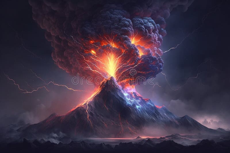 Illustration Mountain with Volcanic Eruption Clouds Storm Lightning AI ...