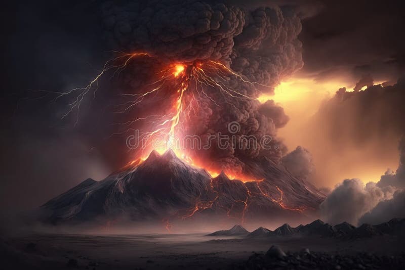 Illustration Mountain with Volcanic Eruption Clouds Storm Lightning AI ...