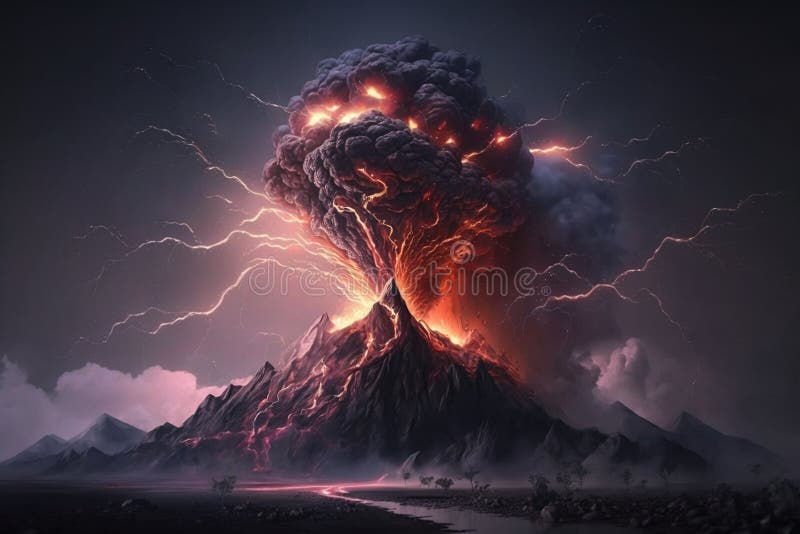Illustration Mountain with Volcanic Eruption Clouds Storm Lightning AI ...