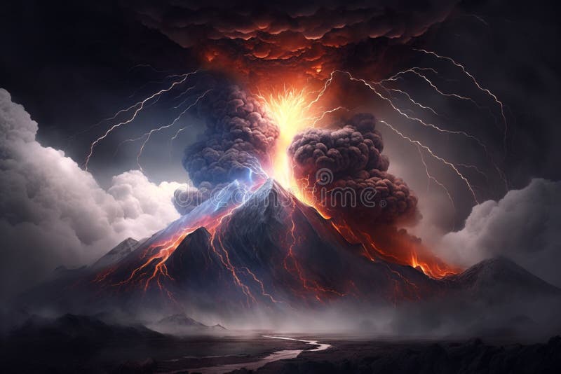Illustration Mountain with Volcanic Eruption Clouds Storm Lightning AI ...