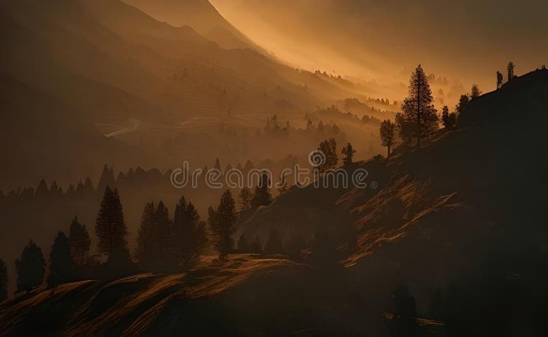 Illustration of a Mountainous Landscape with Trees and Smoke during the ...