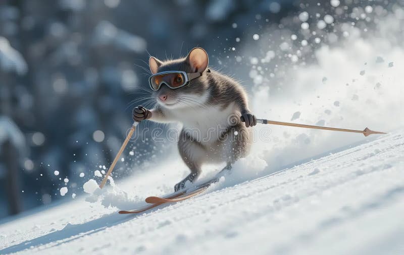 An Illustration of a Mouse Skiing Down a Snowy Hill with Ski Poles and ...
