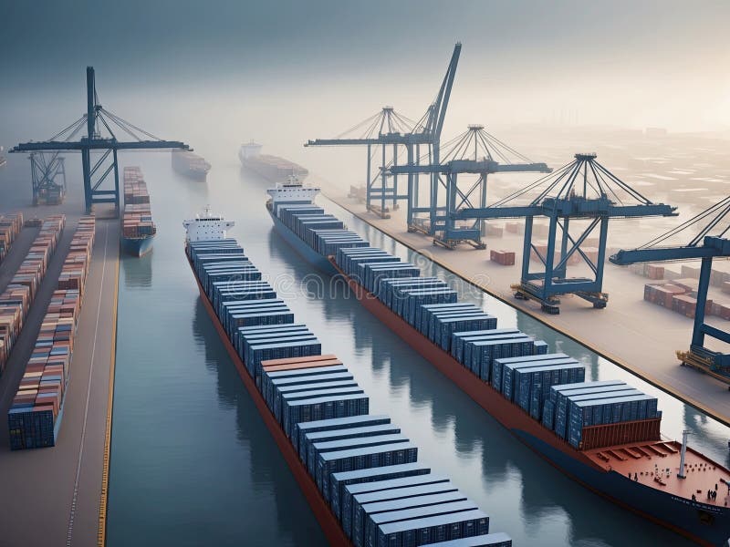 Illustration of Multiple Cargo Ship Loaded in a Port with an Ocean View ...