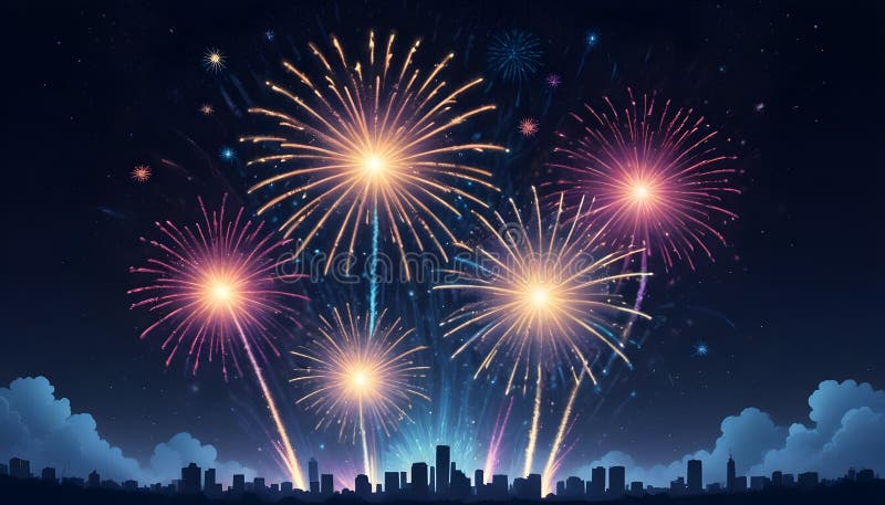 An Illustration of Multiple Fireworks Exploding Over a City Skyline in ...