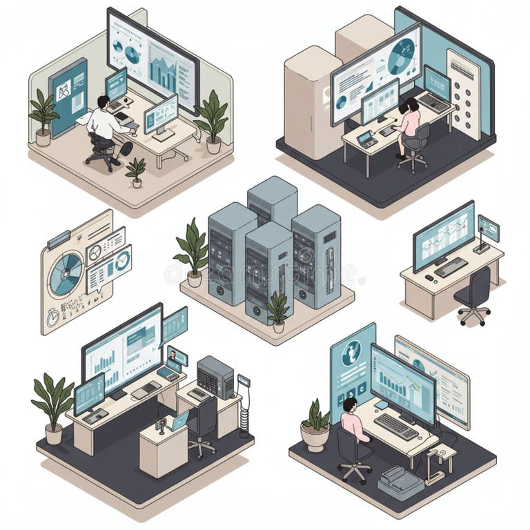 Illustration of Multiple Office Setups Featuring Computers, Large ...