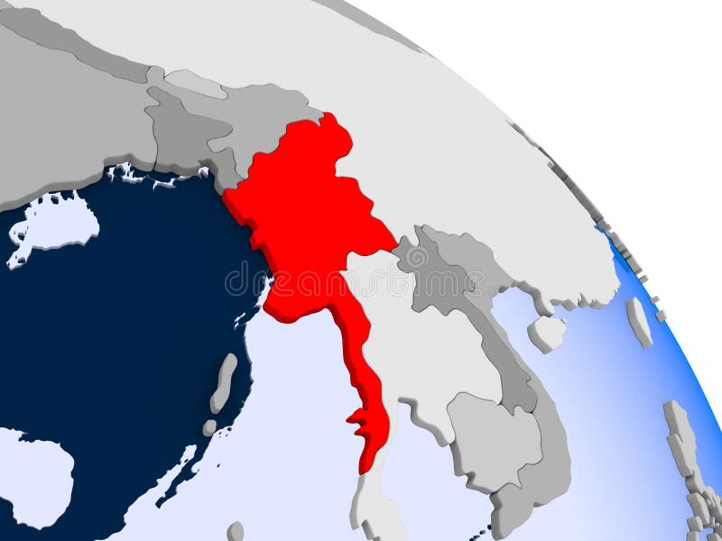 Myanmar in red on map stock illustration. Illustration of asia - 124768775