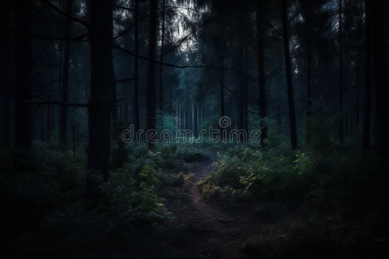 Mysterious Dark Forest at Night with a Path in the Middle Stock ...