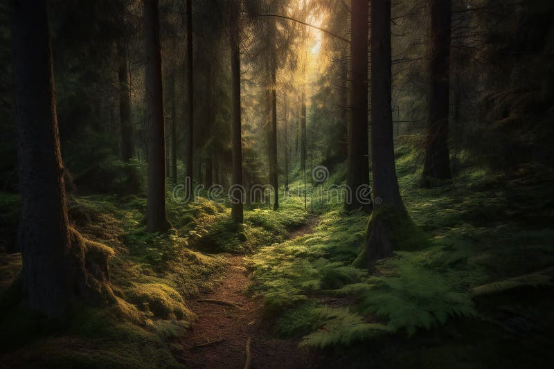 Mysterious Forest Path in the Morning Light Stock Illustration ...