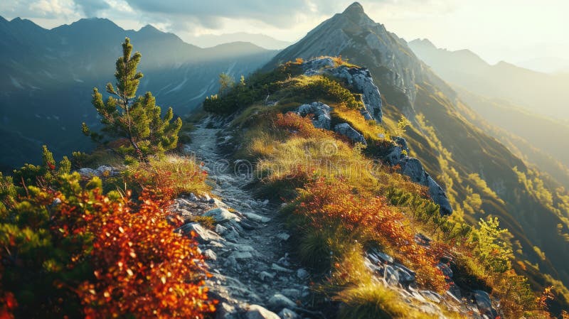 Reaching End of Trail on a Rugged Mountain Stock Illustration ...