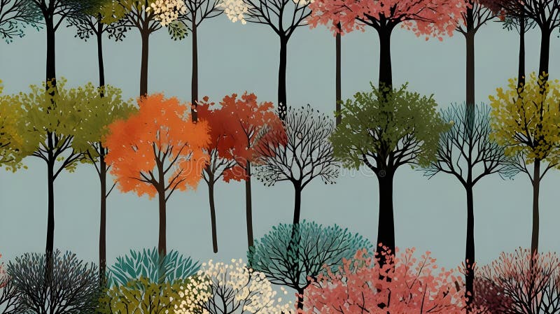 Illustration of Natural Elements Like Trees and Flowers in a Minimalist ...