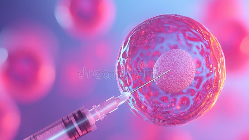 Illustration of Needle Injecting into Egg Cell, Showcasing Cellular ...