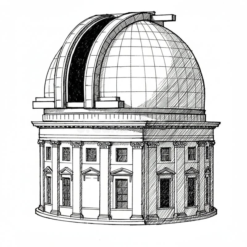 Illustration of a Neoclassical Observatory with a Large, Segmented Dome ...