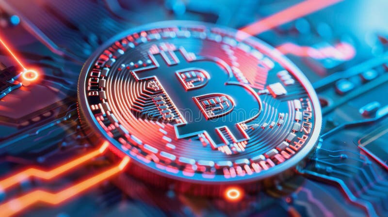 Illustration of Neon Colored Bitcoin Close Up Lying on Blue Digitally ...