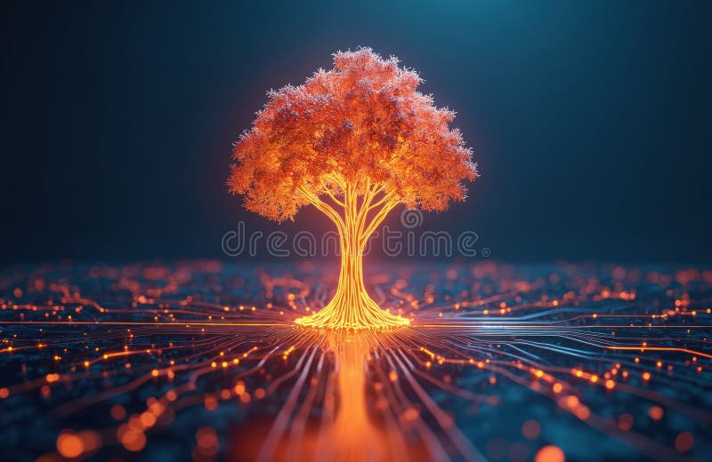 Illustration of Neon Glowing Tree on Electronic Circuit Board. Growing ...