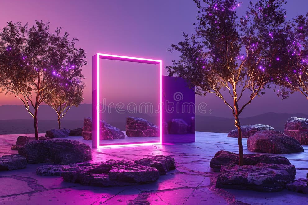 Illustration of Neon Image and Frame with Rocks, Under Purple Light ...