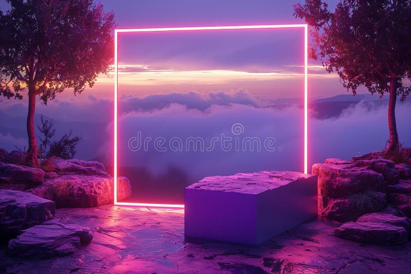 A Neon Image and Frame with Rocks, Under Purple Light with Trees and a ...