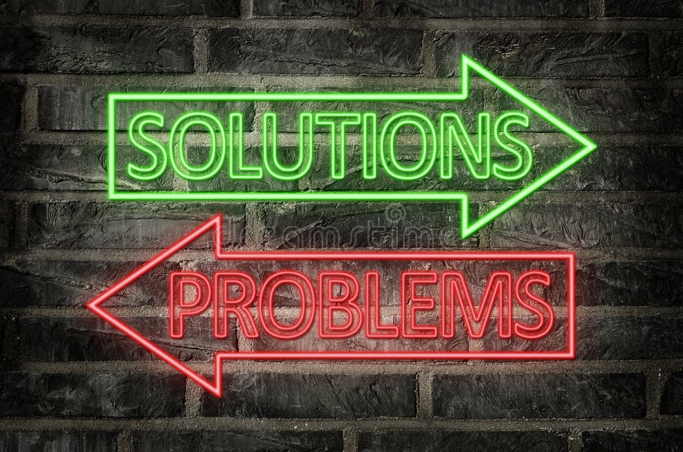 Illustration of Neon Signs Pointing To Problems and Solutions Stock ...