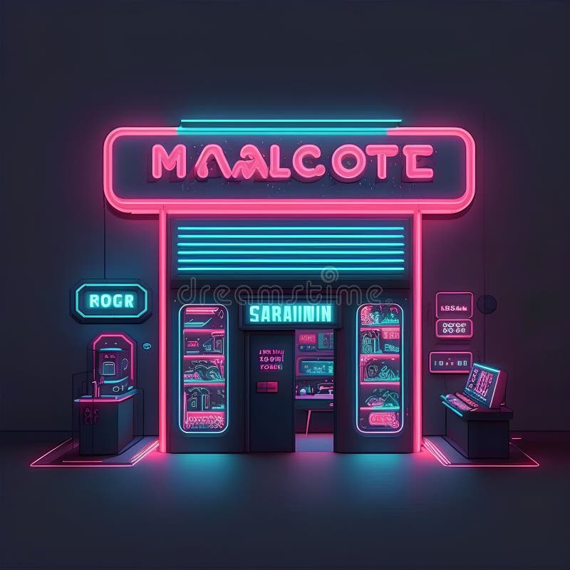 Illustration of a Neon Slot Machine Shop in Neon Style, Vector ...
