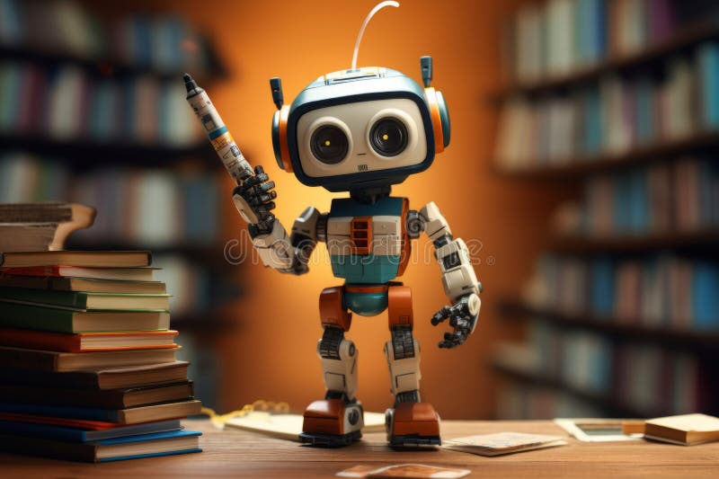 Illustration of New Technology in Education. Robot Standing among ...