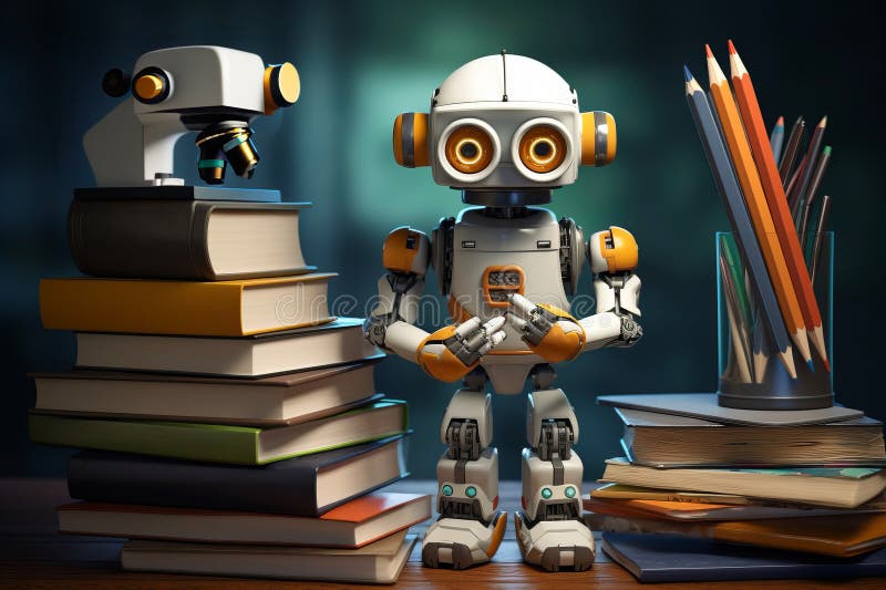 Illustration of New Technology in Education. Robot Standing among ...