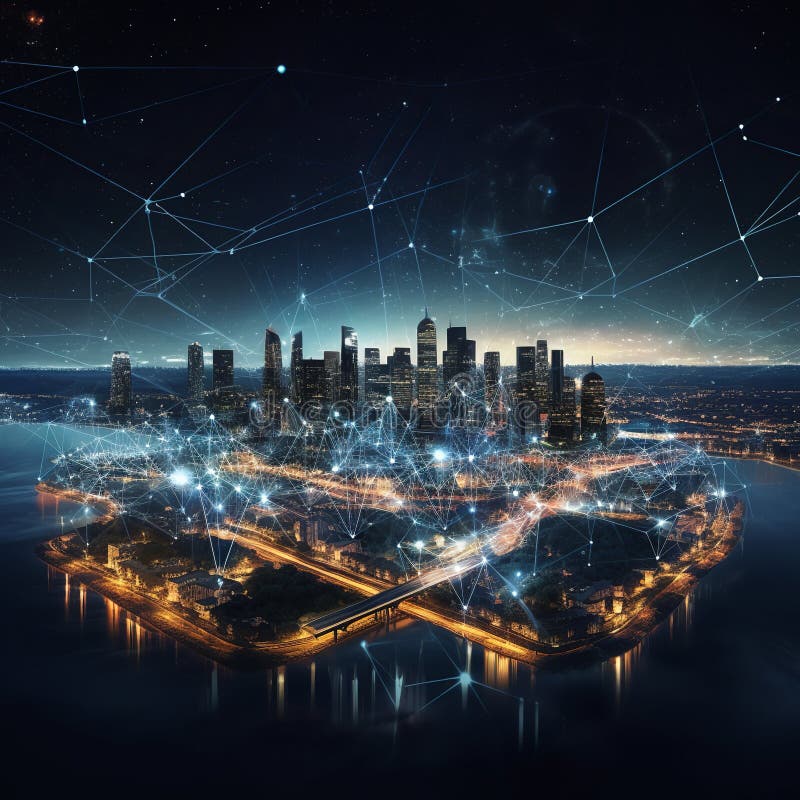 Illustration of Night City Panorama with Network Hologram, Generative ...