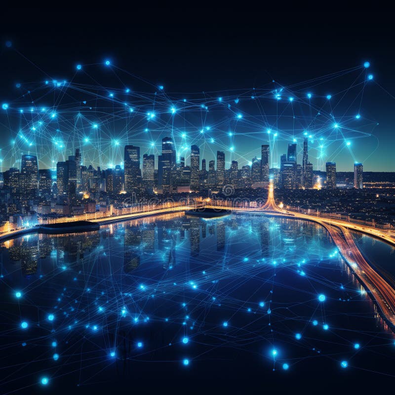 Illustration of Night City Panorama with Network Hologram, Generative ...