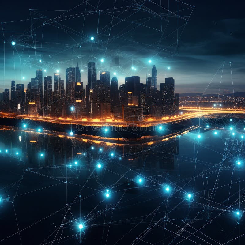 Illustration of Night City Panorama with Network Hologram, Generative ...