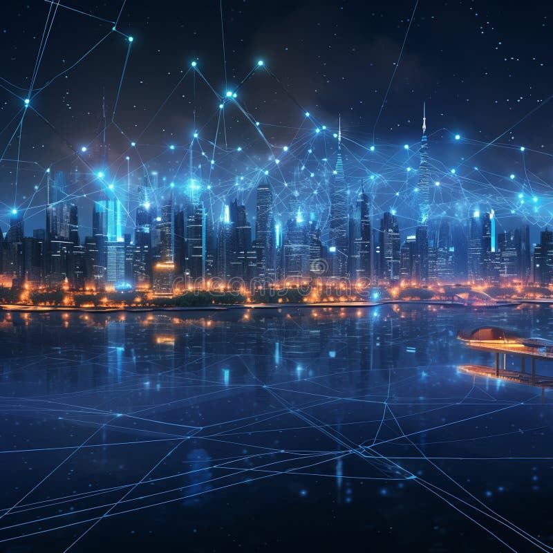 Illustration of Night City Panorama with Network Hologram, Generative ...