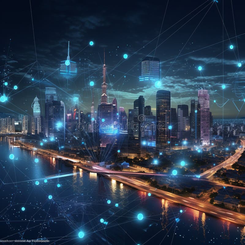 Illustration of Night City Panorama with Network Hologram, Generative ...