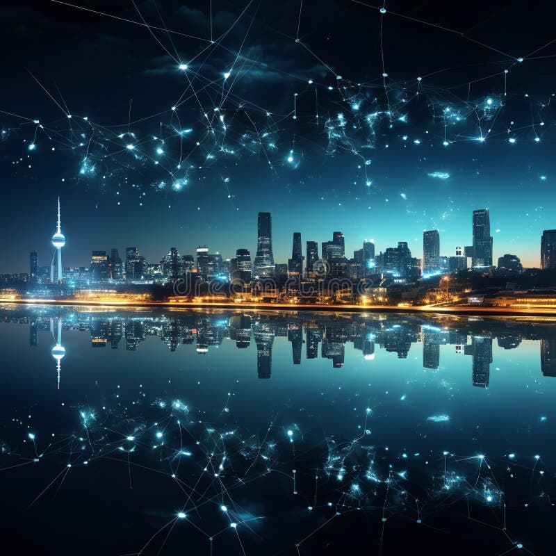 Illustration of Night City Panorama with Network Hologram, Generative ...